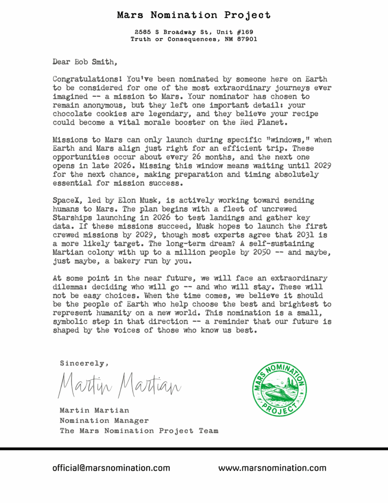 Sample Letters - Mars Nomination Project
